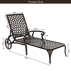 VINGLI Outdoor Chaise Lounge Chair with Wheels, Cast Aluminum Patio Chaise Lounge Furniture with 3-Position Adjustable Backrest, Tanning Chair for Poolside (1, Bronze, Without Cushion)
