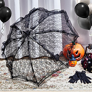 Amylove Lace Parasol Umbrella and Lace Gloves Set Wedding Bridal Umbrella for Decoration Tea Party Costume 31.5 Inch Adult Size(Black)