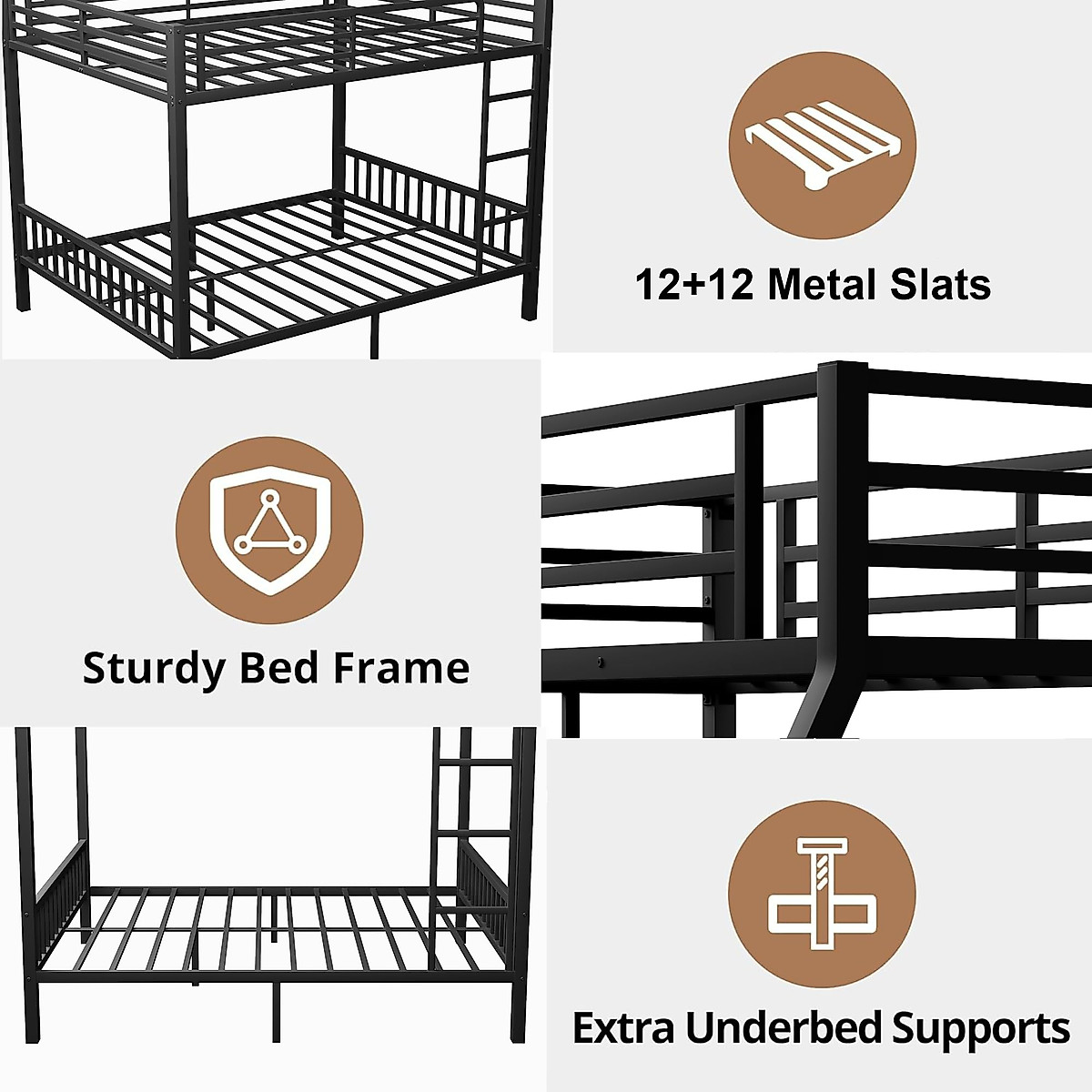 Mirightone Queen Over Queen Bunk Beds for Adults, Metal Bunk Bed Queen Size,Heavy-Duty Bunk Bed Frame with Ladder and Slats Support for Boys Girls,Space-Saving,Noise Reduced,Black
