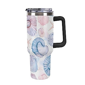 Watercolor Seashell Pattern Insulated Tumblers with Handle Stainless Steel Coffee Mug Funny Travel Cup with Lid Straw 40oz