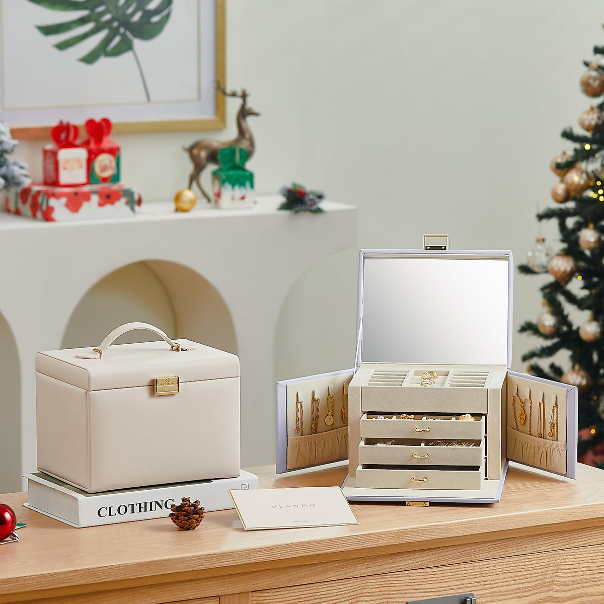 Vlando Velvet Jewelry Organizer Box for Women, Large Leather Jewelry Storage Box with Locked, Mirrored, 3 Drawer for Watch Necklace Ring Earring Storage, Gift for Girl Women and Mom - Purple