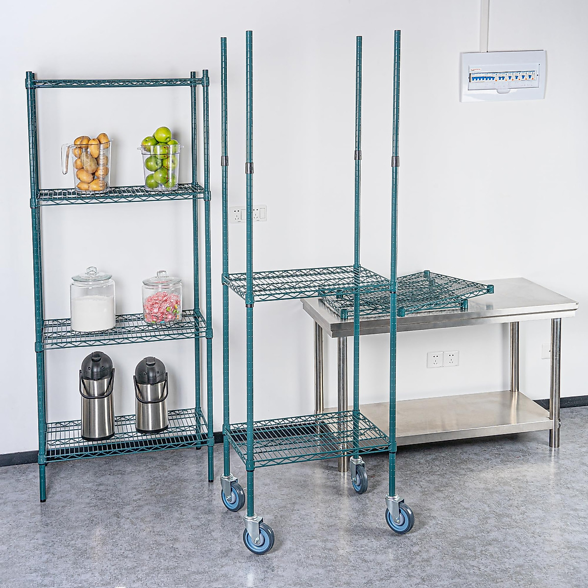 Restaurantware - SHELVING POSTS ONLY: RW Base 74 Inch Mobile Shelving Posts, 4 NSF Certified Epoxy Shelving Poles - Shelves And Casters Sold Separately, No Corrosion, Green Steel Wire Shelving Poles
