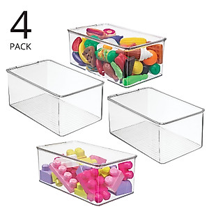 mDesign Plastic Stackable Toy Storage Bin Container Box with Hinge Lid for Organizing Living Room, Play Room, Bedroom, Nursery, Hold Blocks, Puzzles, Books, Lumiere Collection, 4 Pack - Clear