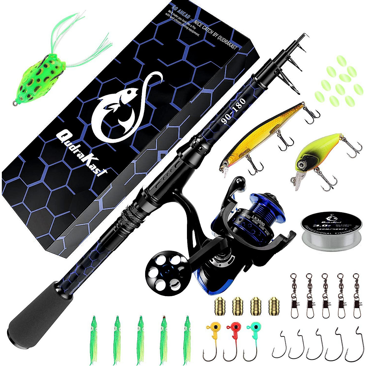 Fishing Rod and Reel Combos, Unique Design with X-Warping Painting, Carbon Fiber Telescopic Fishing Rod with Reel Combo Kit with Tackle Box, Best Gift for Fishing Beginner and Angler (180 Bule)