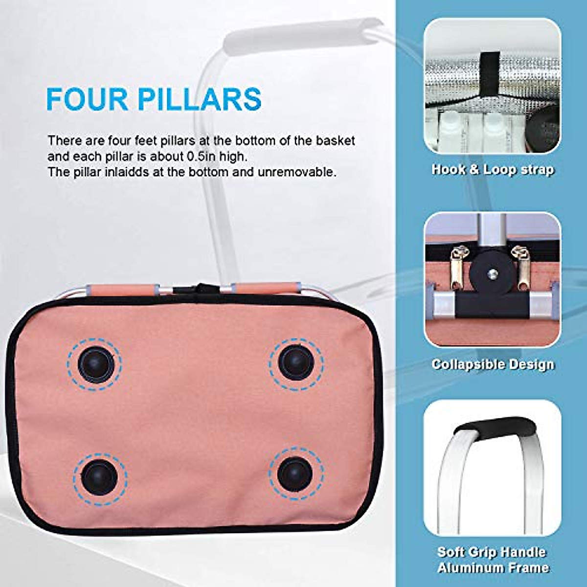 LIQING 35L Large Picnic Basket, Shopping, Travel, Camping Grocery Bags, 2 Layers of Internal Pockets Leak-Proof and Insulated, Folding, Internal Support Does Not Collapse