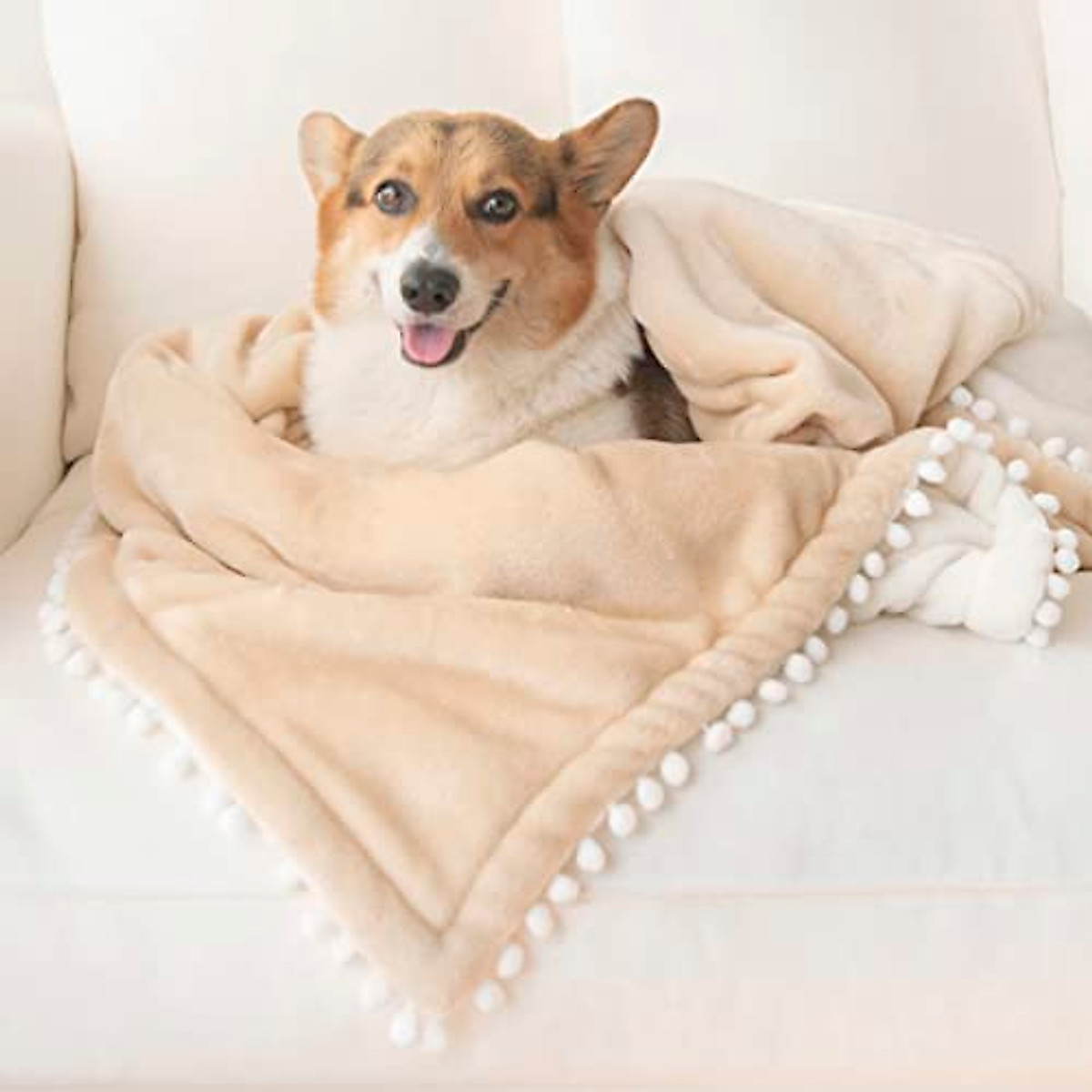 MONDAY MOOSE Cozy Fleece Throw Blanket with Pom Pom Fringe, Super Soft Lightweight Microfiber Flannel Blanket, Double-Sided Designs, for Couch Bed Sofa Home Decor (50x60 inch, Cream/Light Brown)