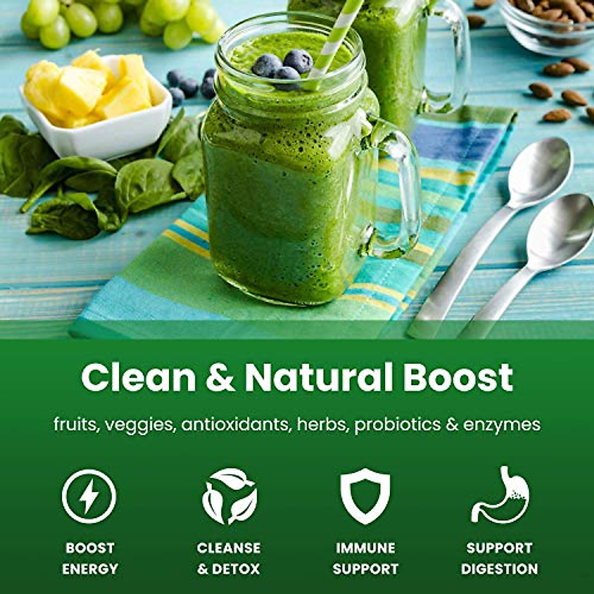 Super Greens Powder Premium Antioxidant Superfood | Organic Greens Fruit and Veggie Vegan Supplement | 40+ Greens and Superfoods Including Wheatgrass & Spirulina | Probiotic Powder Greens, Sweet Berry