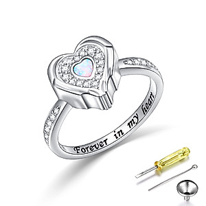 925 Sterling Silver Lab Opal Heart Urn Ring for Ashes Angel Wings Cremation Jewelry Memorial Keepsake Rings for Women Girls Size 7
