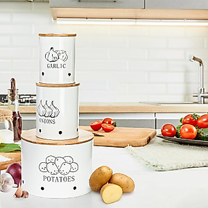 WUWEOT 3 Pack Vegetable Storage Tins, Round Metal Potato Onion Garlic Storage Bins, Farmhouse White Kitchen Canisters Vegetable Fresh Keeper Set with Bamboo Lids and Aerating Holes