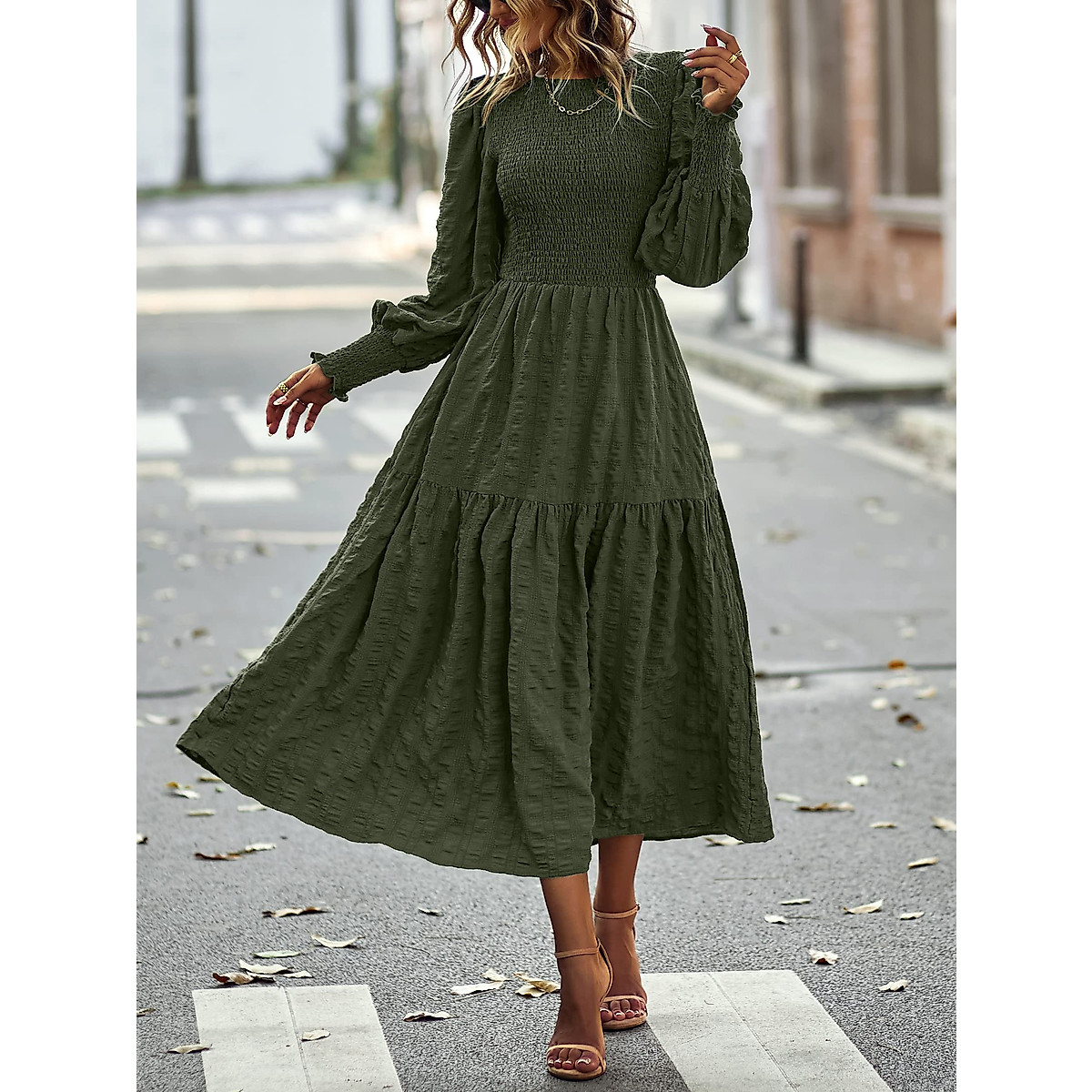 PRETTYGARDEN Women 2024 Puff Long Sleeve Crewneck Smocked Maxi Dress Solid Empire Waist Tiered A-line Swing Flowy Long Dress(Army Green,X-Large)