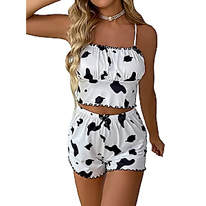 WDIRARA Women's 2 Piece Sleepwear Satin Cow Print Crop Cami Top and Shorts Summer Pajama Set Cute White M