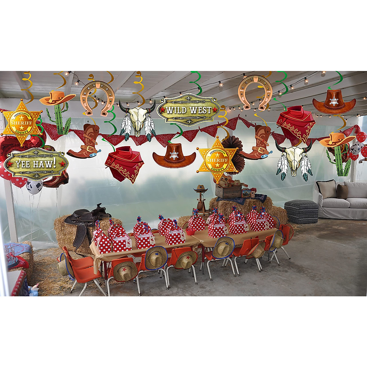 CINRAY Western Cowboy Birthday Decoration, 8x6 inches, Brown, 16 Hanging Swirls for Party Favors Supplies