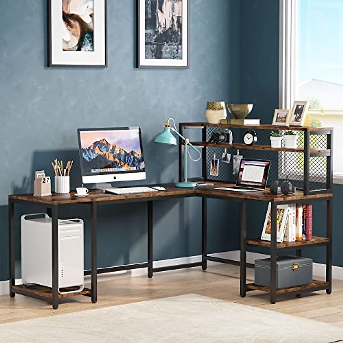 Tribesigns 67" Reversible Large Computer Desk with Hutch, Office Desk Study Table Writing Desk Workstation with 5 Storage Shelves 2 Tier Bookshelf for Home Office (Rustic Brown)