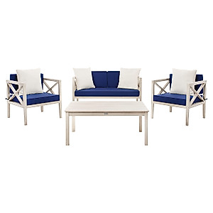 SAFAVIEH PAT7031A Collection Nunzio Teak and White and Navy 4 Pc Accent Pillows Outdoor Set
