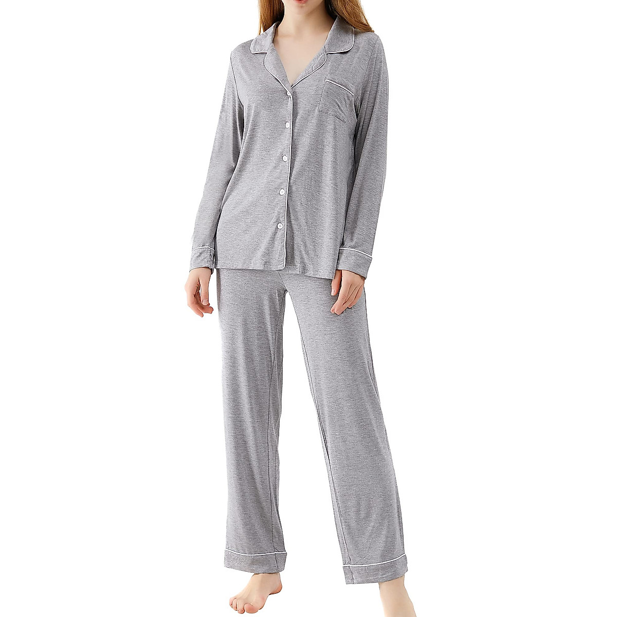 WiWi Viscose from Bamboo Pajamas Set for Women Soft Long Sleeve Button Down Sleepwear Plus Size Pj Lounge Sets S-3X, Heather Grey, 3X