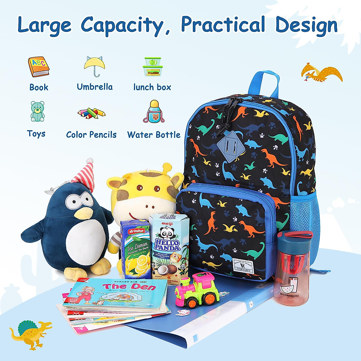 VX VONXURY Kids Backpack,Cute Preschool Toddler Schoolbag for Boys with Chest Strap Small（Black Dinosaur