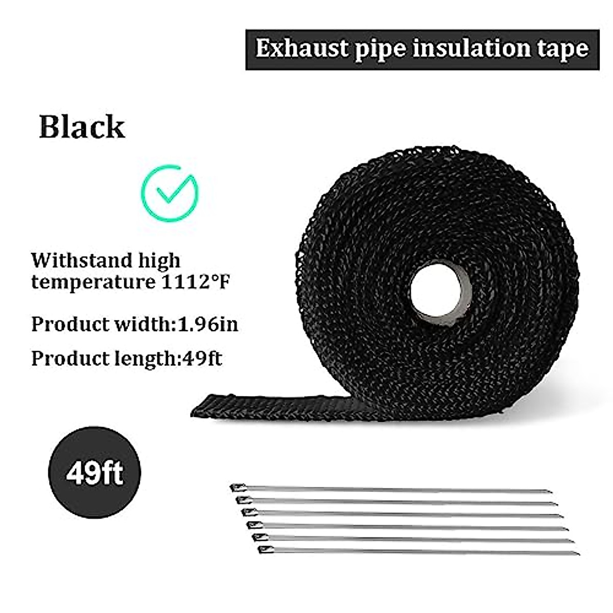 AICEL Exhaust Heat Wrap Roll, Heat Insulation Wrap Tape for Exhaust Pipes, 2" x 50' Fiberglass Heat Shield Tape with 6 Stainless Steel Locking Ties, Compatible with Car Motorcycle and More