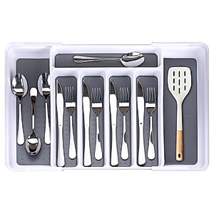 CiWiVOKi Utensil Drawer Organizer, Expandable Silverware Organizer for Kitchen Drawer, Large Cutlery Tray Flatware Holder, Plastic Kitchen Storage for Spoons Knives Forks, 7-Slots, White/Grey