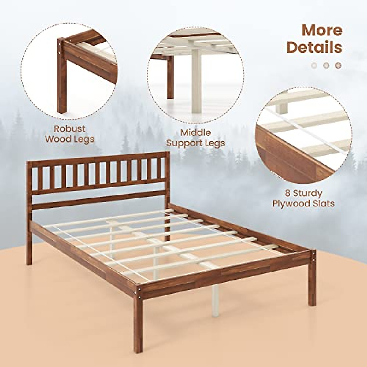 Giantex Wood Full Bed Frame with Headboard, Mid Century Platform Bed with Wood Slat Support, Solid Wood Foundation, 12 Inch Height for Under Bed Storage, Easy Assemble, Walnut