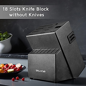 18-Slot Kitchen Knives Block, WELLSTAR Large Capacity Natural Wooden Knife Holder without Knives – Modern Hard Wood Counter-top Knife Storage with Built-in 2-Stage Knife Sharpener - Black