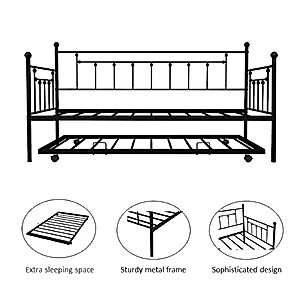 HOUAGI Metal Twin Daybed with Trundle,Sturdy Metal Slats Support,Noise Free/No Box Spring Needed,Black