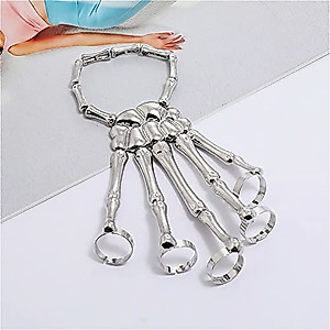 YERTTER Halloween Skull Skeleton Hand Bracelet with Ring Handmade Wristband Skull Fingers Metal Hand Bracelet Adjustable for Women Men Gifts (Silver)