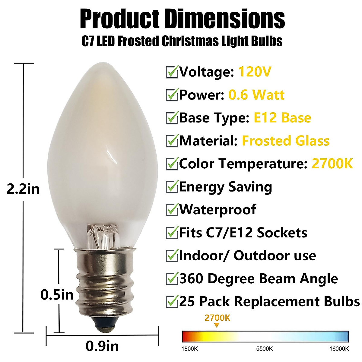 C7 LED Frosted Christmas Light Bulb, 25 Pack C7 Christmas Replacement Bulbs with Frosted Glass, 0.6W E12 Candelabra LED Light Bulbs for Chandeliers Candle Lamps Night Light Christmas String Lights