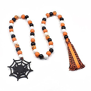Halloween Wooden Bead Garland with Spiderweb Tassel Rustic Farmhouse Tiered Tray Decor Prayer Bead Wall Hanging Mantle Decor Party Favors for Women Aesthetic Fall Decor Haunted House Decor