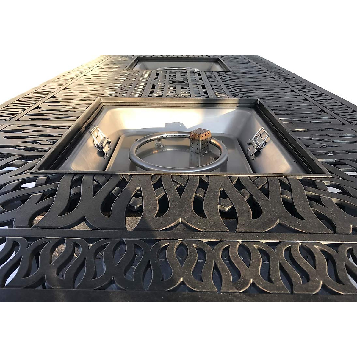 Sunvuepatio 9 Piece Fire Pit Patio Dining Outdoor Bar Set Santa Clara Swivels Barstools Table Cast Aluminum Wicker Furniture.