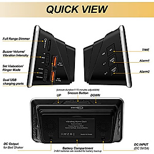 Digital Loud Alarm Clock for Heavy Sleepers Adults with Bed Shaker - Ideal for Hearing Impaired People - Dual Alarm Settings & 2 USB Charger - 7 Inch Display (Black with White Digit)