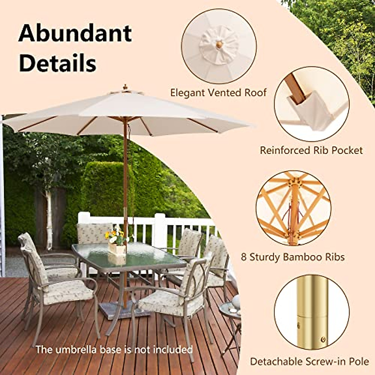 HAPPYGRILL 10 FT Patio Wooden Umbrella Table Market Umbrella with 8 Bamboo Ribs, 3 Adjustable Heights, Rope Pulley Lift, Detachable Pole & Vented Roof, Outdoor Umbrella for Garden Poolside Backyard