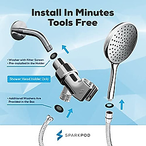 SparkPod Handheld Shower Head Holder - Premium ABS Plastic - 360 Degree Rotatable Solid Brass Ball - Compatible with 7/8" (2.25cm) Diameter Hose - Bonus Plumber's Tape (Luxury Polished Chrome)