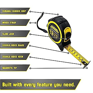 Bullseye 25 Ft Tape Measure with Magnetic Hook - Double-Sided Tape Measures with Imperial & Metric Measurements - Retractable Measuring Tapes with Fractions by Daily Living Products