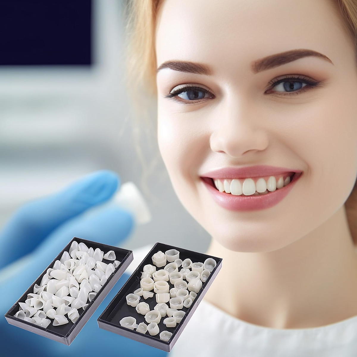 120 Pieces Fake Tooth Cap Crown Veneers Front Back Anterior and Molar Posterior Teeth with Tooth Repair Thermal Beads Cap Filler for Taching or DIY