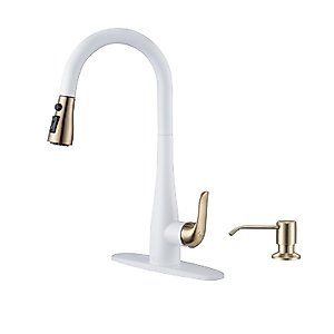 HGHGK Kitchen Faucet with Soap Dispenser and Pull Down Sprayer - Stainless Steel Single Handle Kitchen Sink Faucet, 1 or 3 Hole Design for Modern Farmhouse Kitchens, Rv, and Bar Sinks (Whit and Gold)