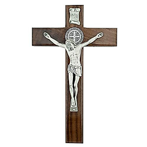 Wooden Wall Cross with Saint Benedict Medal | Beautiful Silver-Tone Jesus | Solid Dark Stained Wood | Ready to Hang on Wall | Great Gift for Baptism, New Home, Weddings | Made in Italy