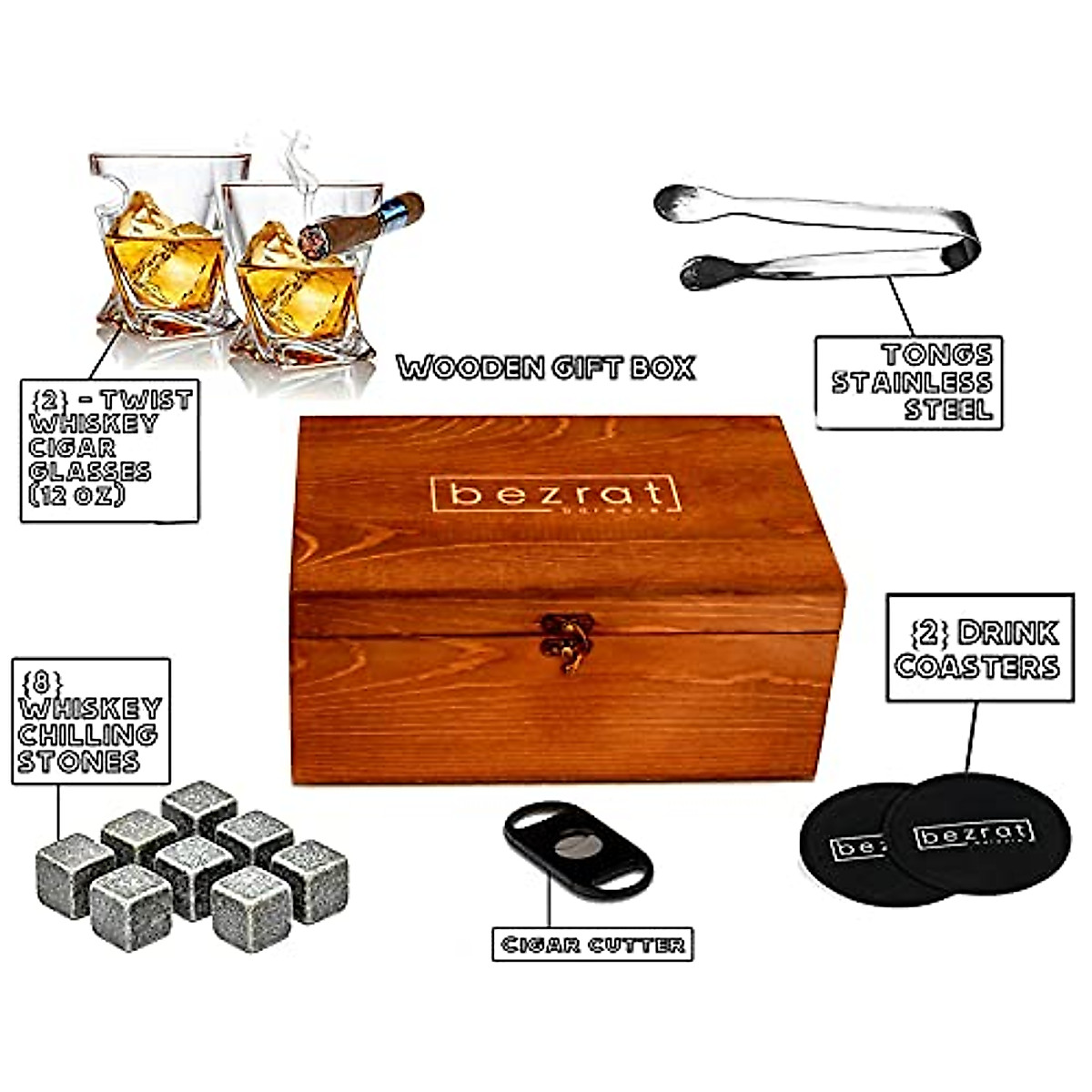 Bezrat Old Fashioned Whiskey Cigar Glasses With Side Mounted Cigar Holder + Whisky Chilling Stones and accessories in Wooden Box - Scotch Bourbon Set for Dad, Husband, Fathers Day, Birthday Gift Set