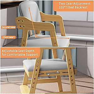 Toddlers High Chair, Adjustable Wooden High Chair for Toddlers with High Rebound Waterproof Cushion for Toddlers to Teens，Toddler High Chair with Steps for Kids Dining, Studying, Step Tool(Grey)