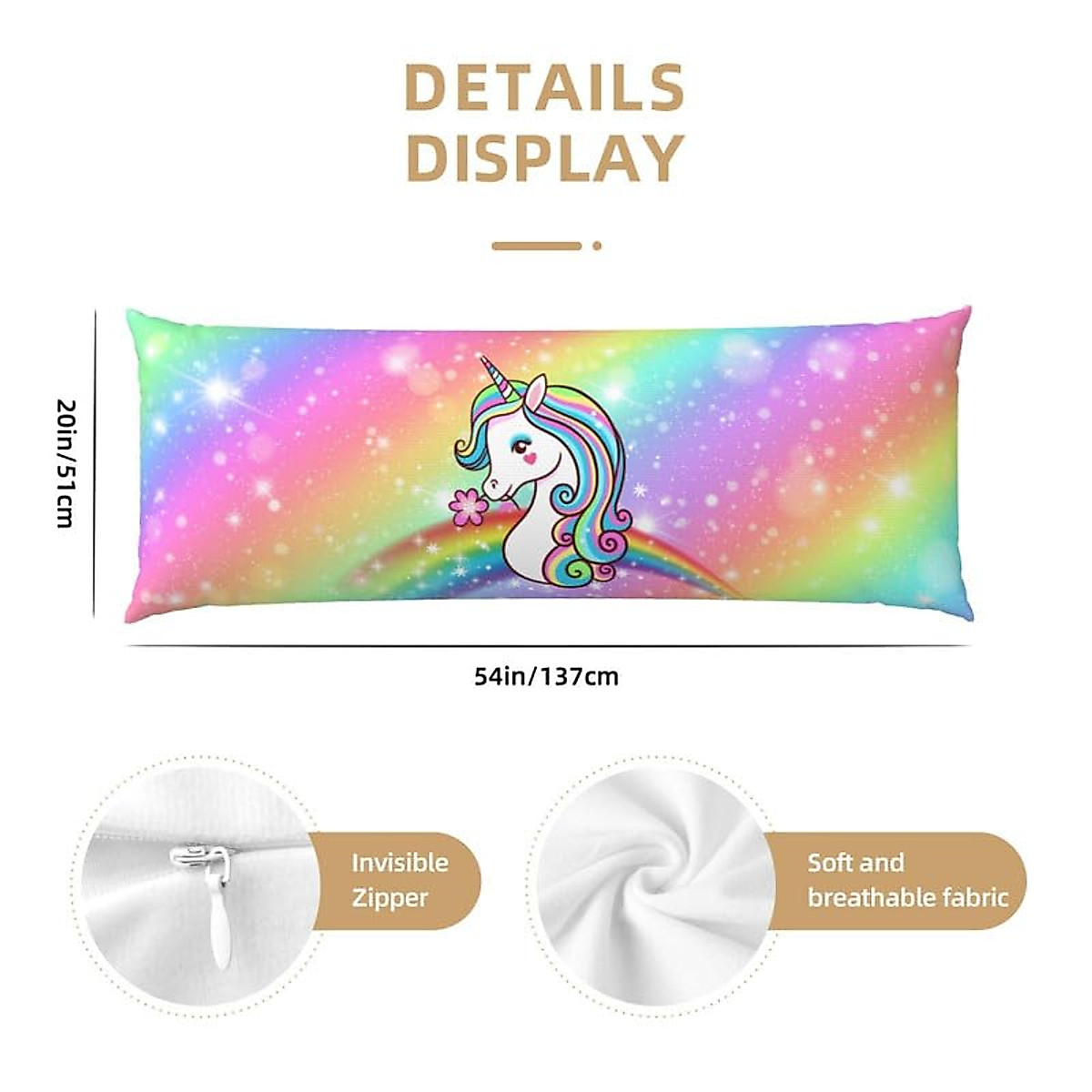 Rainbow Unicorn body pillowcase for Boys Girls Unicorn Cartoon Long Pillow Case Protector with Zipper Decorative Ultra Soft 20"x54"