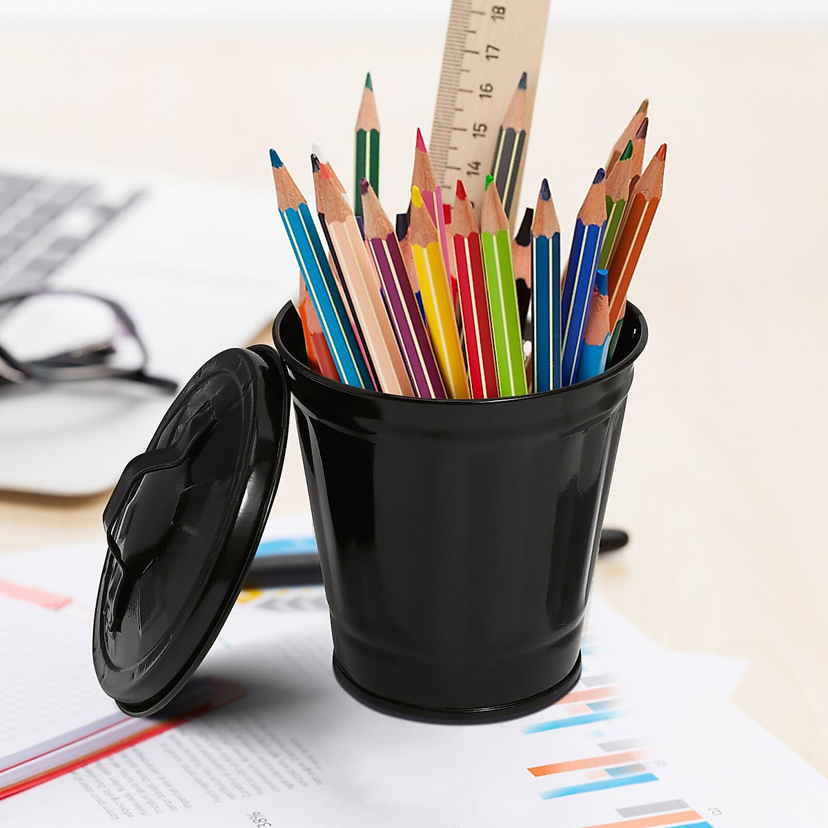 MAGICLULU Mini Galvanized Trash Can Metal Bucket with Lid Tabletop Small Wastebasket Tiny Rubbish Bin Flower Pot Cute Pen Cup Holder for Makeup Brush Coin Black