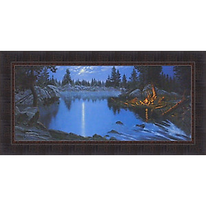 The Sound of Silence by Derk Hansen S/N 18x35 River Lake Night Full Moon Canoe Camp Fire Framed Art Print Wall Décor Picture