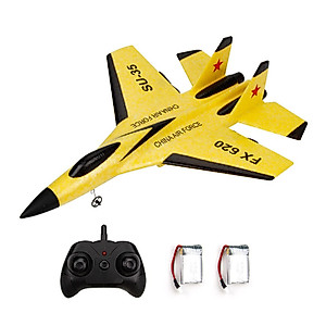 GoolRC FX620 RC Airplane, 2.4GHz Remote Control Airplane, 2 Channel RC Plane, SU-35 RC Glider EPP Aircraft Model with 3-Axis Gyro, Outdoor Flight Toys for Kids and Adults with 2 Battery (Yellow)