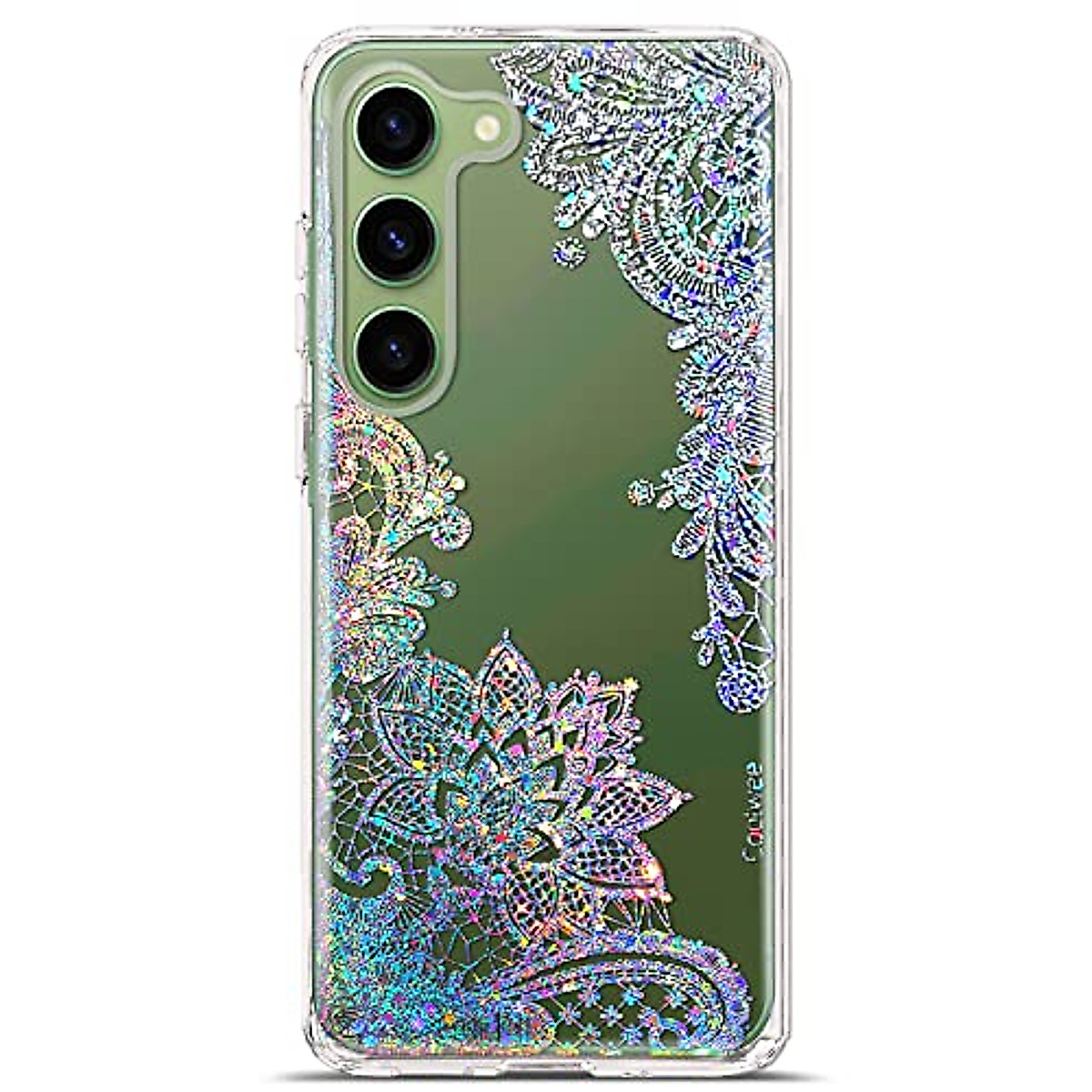 Coolwee Clear Glitter for Samsung Galaxy S23 Case, 6.1 inch, Anti Yellowing Military Grade Drop Protection Shockproof Flower Slim Crystal Bling Lace Floral Hard PC Soft TPU Bumper Cover Mandala Henna