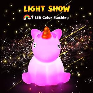 Bath Toys for Toddlers 1-3, No Hole Cute Light Up Bathtub Toys Floating Rubber Sea Animal Set with Flashing Colorful LED Light Unicorn Mermaid for Bathroom Shower Swimming Pool Party for Baby Girl Boy