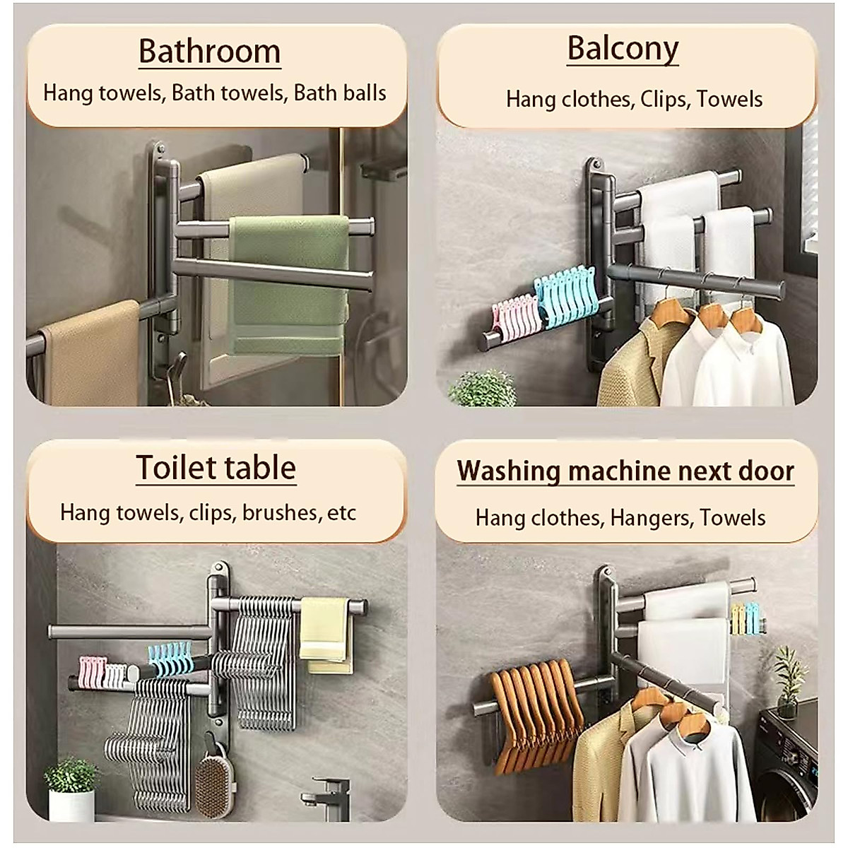 4-pole 180 ° rotatable towel bar, aluminum alloy swing arm Bath Towel Bars bathroom towel rack, swing hook towel rack storage rack, bathroom wall mounted towel storage rack, Silver gray