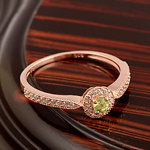 MOONEYE 3MM Round Shape Peridot Gemstone 925 Sterling Silver Rose Gold Vermeil Solitaire Accents Women Ring (Rose Gold vermeil, 10)