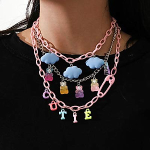 Multilayer Resin Gummy Cartoon Bear Link Chain Pendant Necklace Punk Colorful Transparent Acrylic Animal Butterfly Cloud Choker Necklace for Women Party Hip Hop Jewelry-A cutie