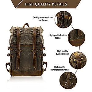 CRUITBILI Waxed Canvas Leather Hiking Travel Waterproof Backpack For College Weekend Travel Fit 15in Laptops (Army Green)