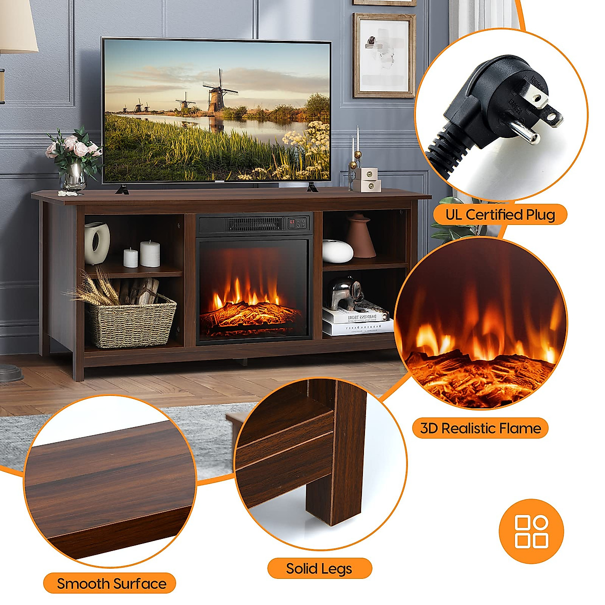 Electric Fireplace TV Stand for 65 Inch TV, 58 Inch Farmhouse Entertainment Center with 18" Fireplace, 6H Timer & Remote Control, 4 Storage Cabinet, Brown