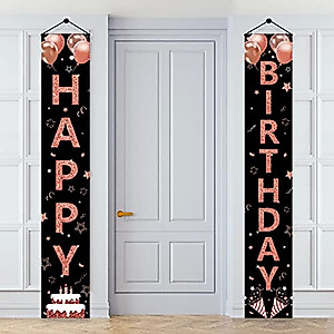 Rose Gold Happy Birthday Door Banner Decorations for Girls Women, Happy Birthday Porch Sign Party Supplies, 16th 21st 30th 40th 50th 60th Birthday Decor for Indoor Outdoor